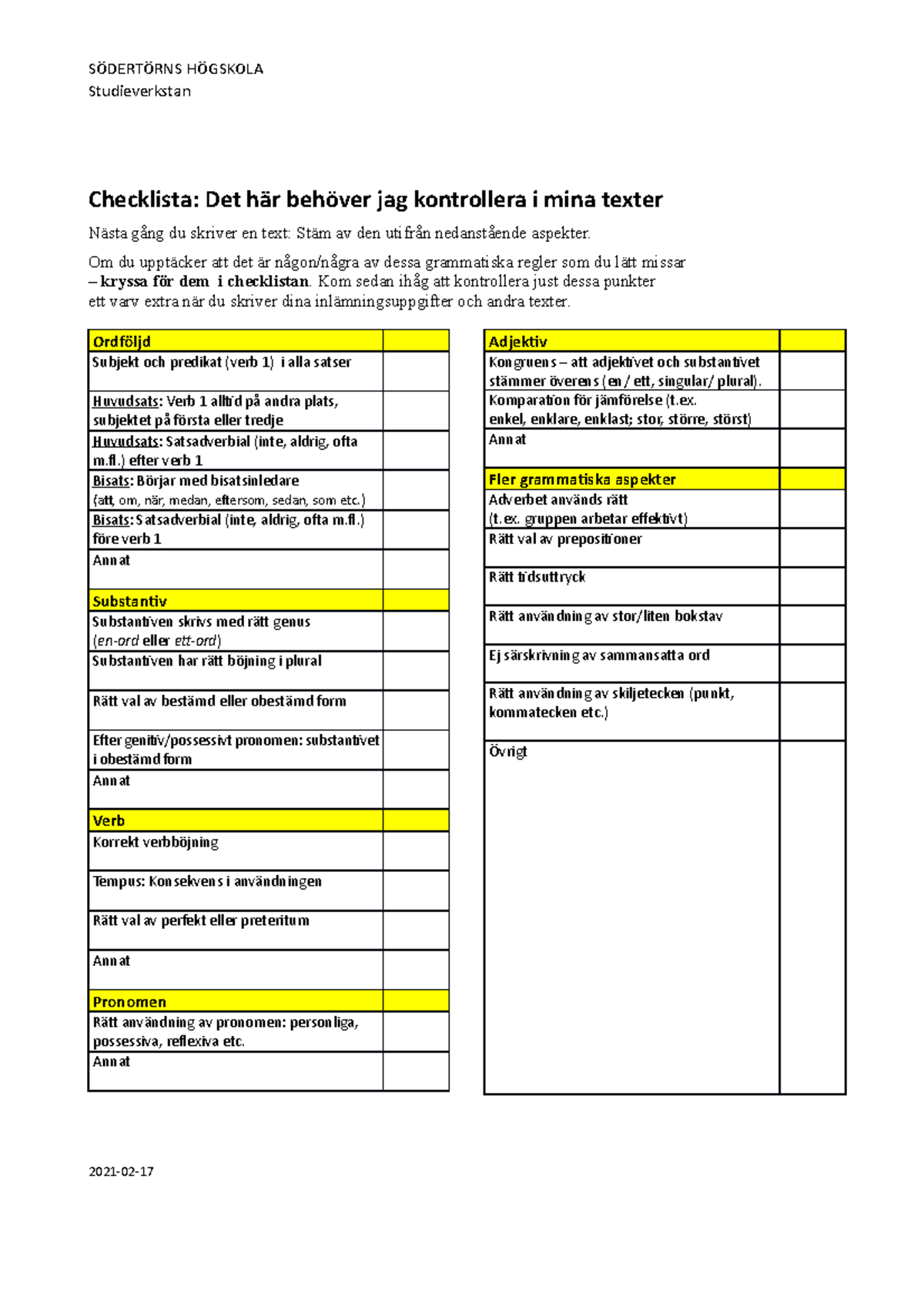 Studieverkstans Checklista för din grammatik - SÖDERTÖRNS HÖGSKOLA ...
