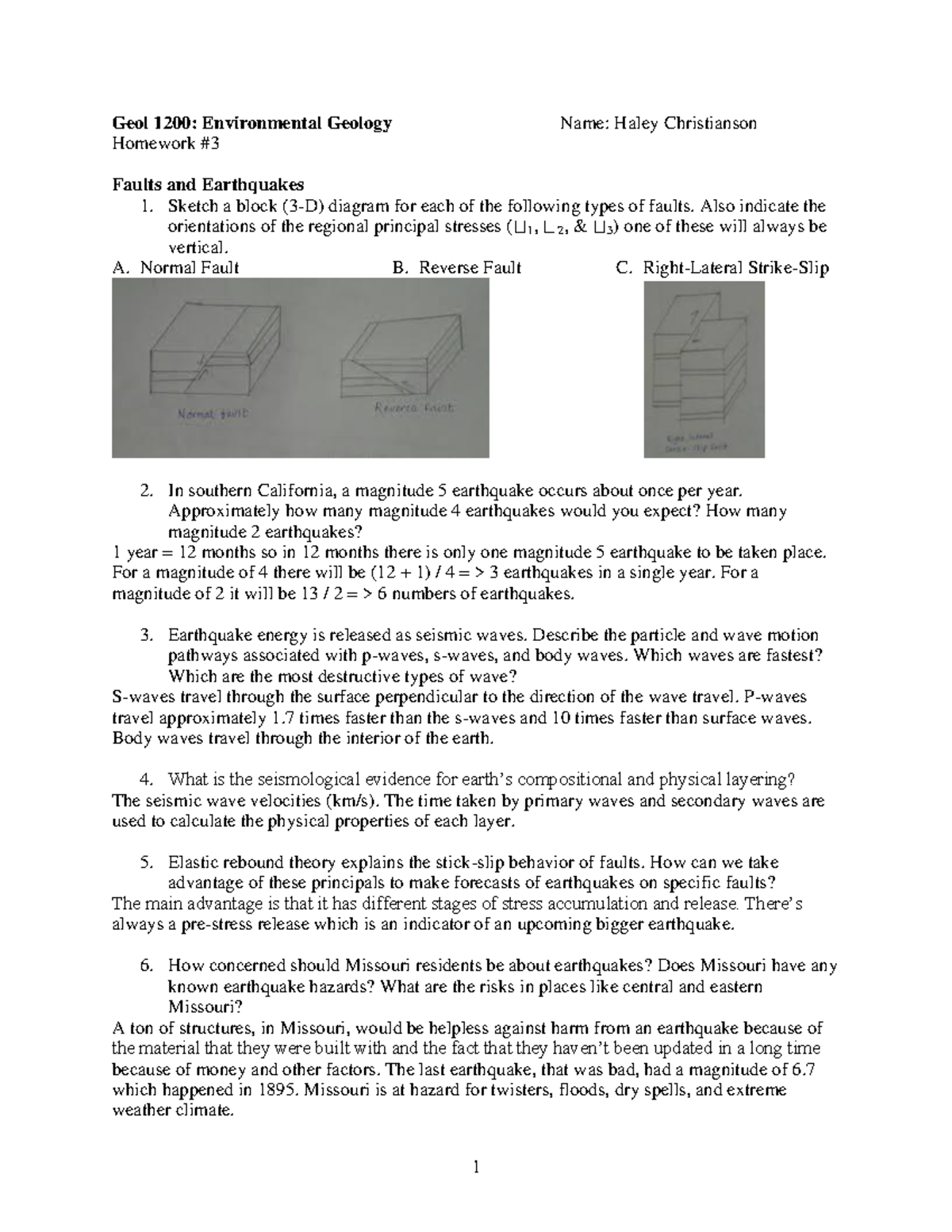 Geology Homework 3 - 1 Geol 1200: Environmental Geology Name: Haley ...