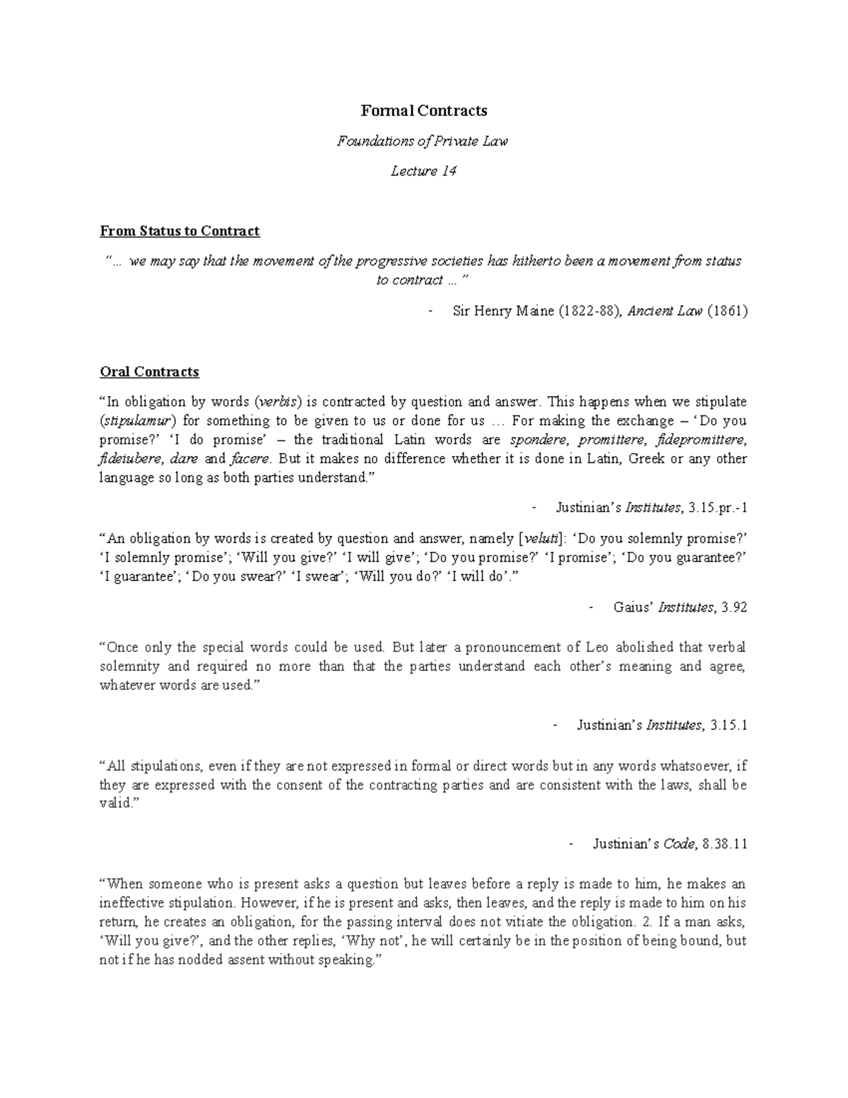 14. Formal Contracts - Formal Contracts Foundations of Private Law Lecture 14 From Status to ...