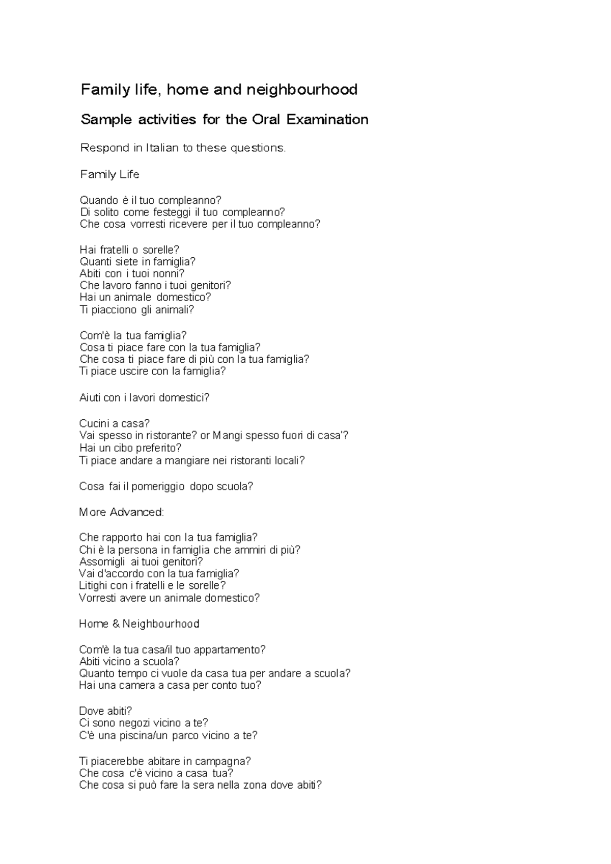 HSC Speaking topics - Questions to practice responses to for Italian ...