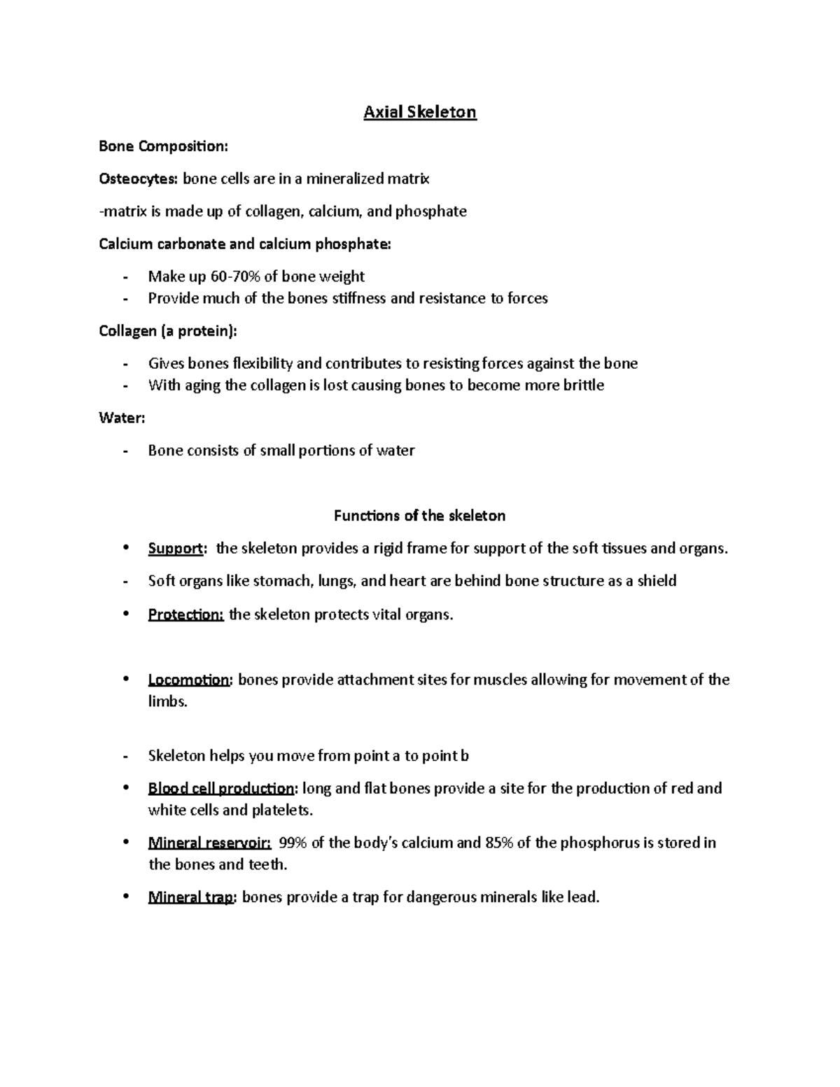 Axial Skeleton Bone Composition and Functions - Studocu