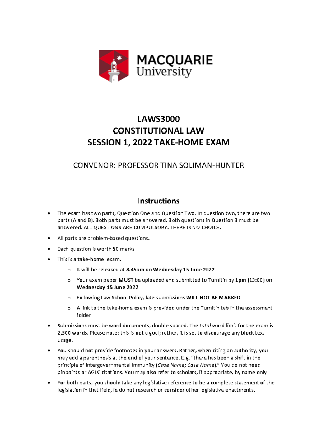 LAWS3000 2022 Final - LAWS CONSTITUTIONAL LAW SESSION 1, 2022 TAKE-HOME ...