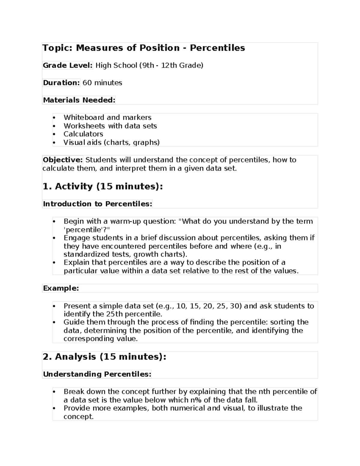 Percentile - lesson notes - Topic: Measures of Position - Percentiles ...