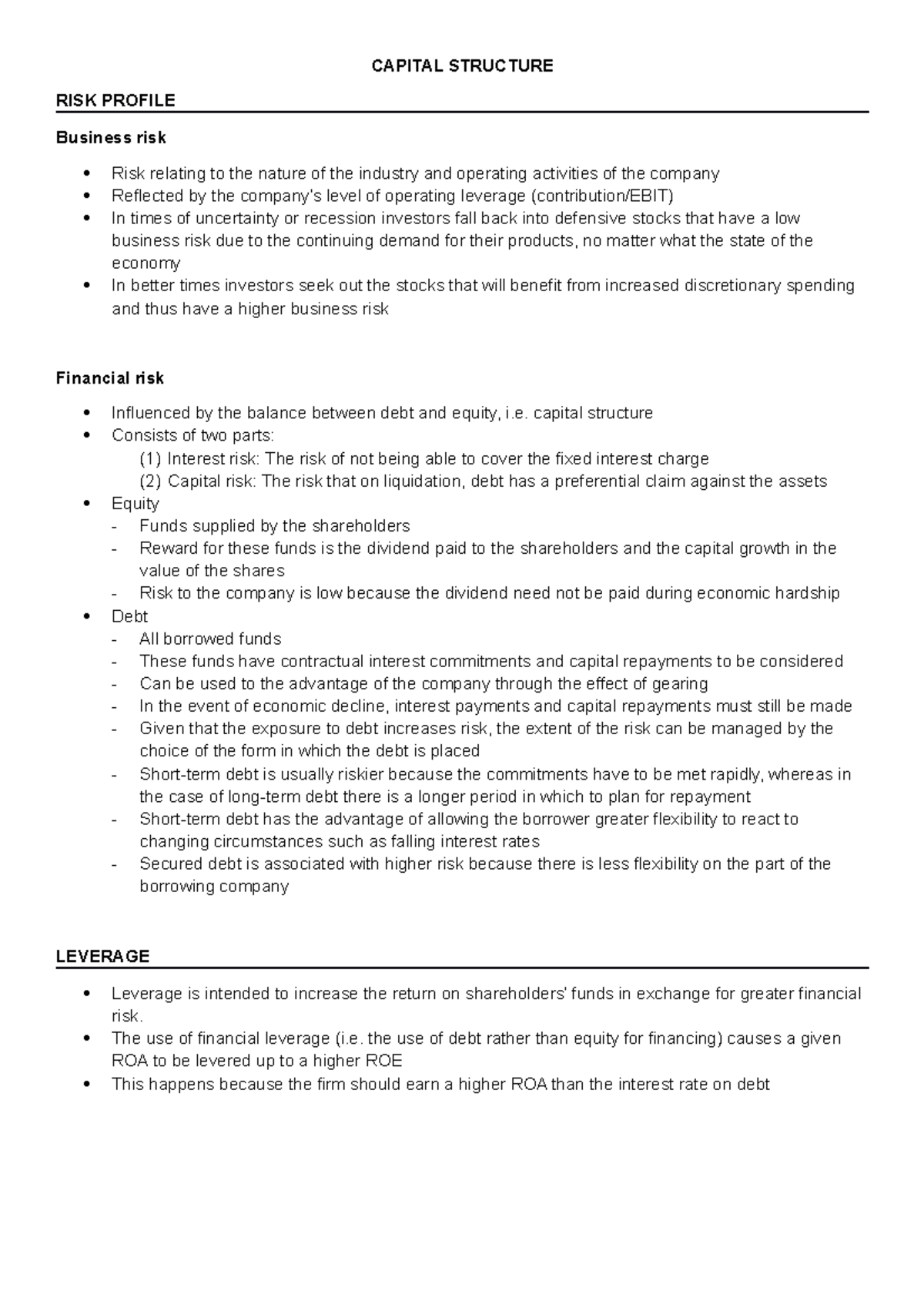 MA278 - Capital structure - Summarized from Financial Management ...