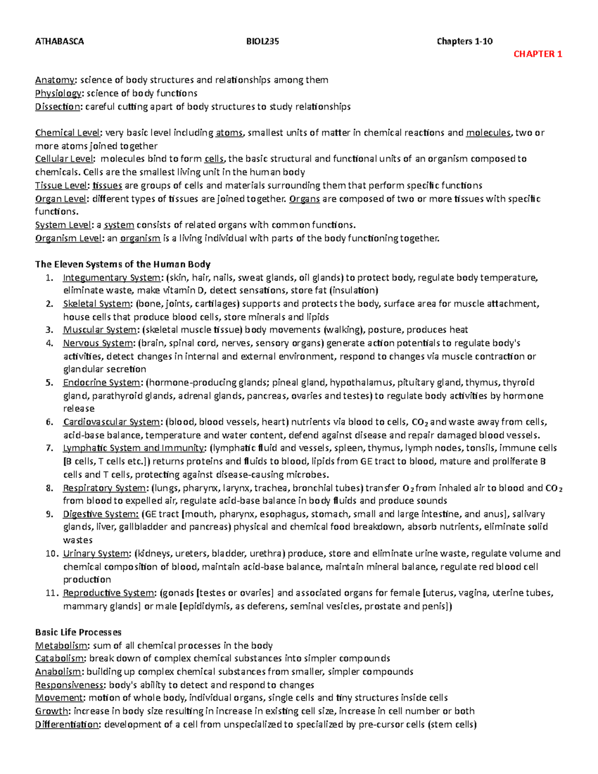 Chapter 1 to 10 - Lecture notes 1-10 - CHAPTER 1 Anatomy: science of ...