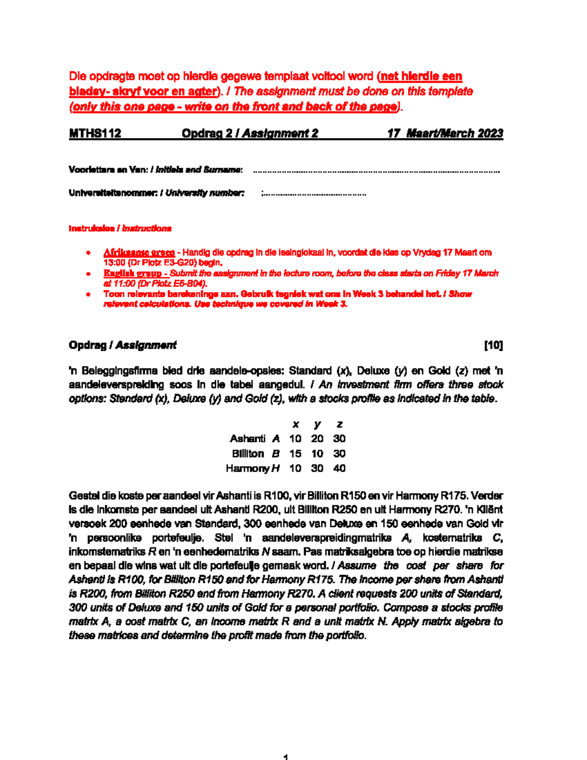 Opdrag 2 wisk - Die opdragte moet op hierdie gegewe templaat voltooi ...