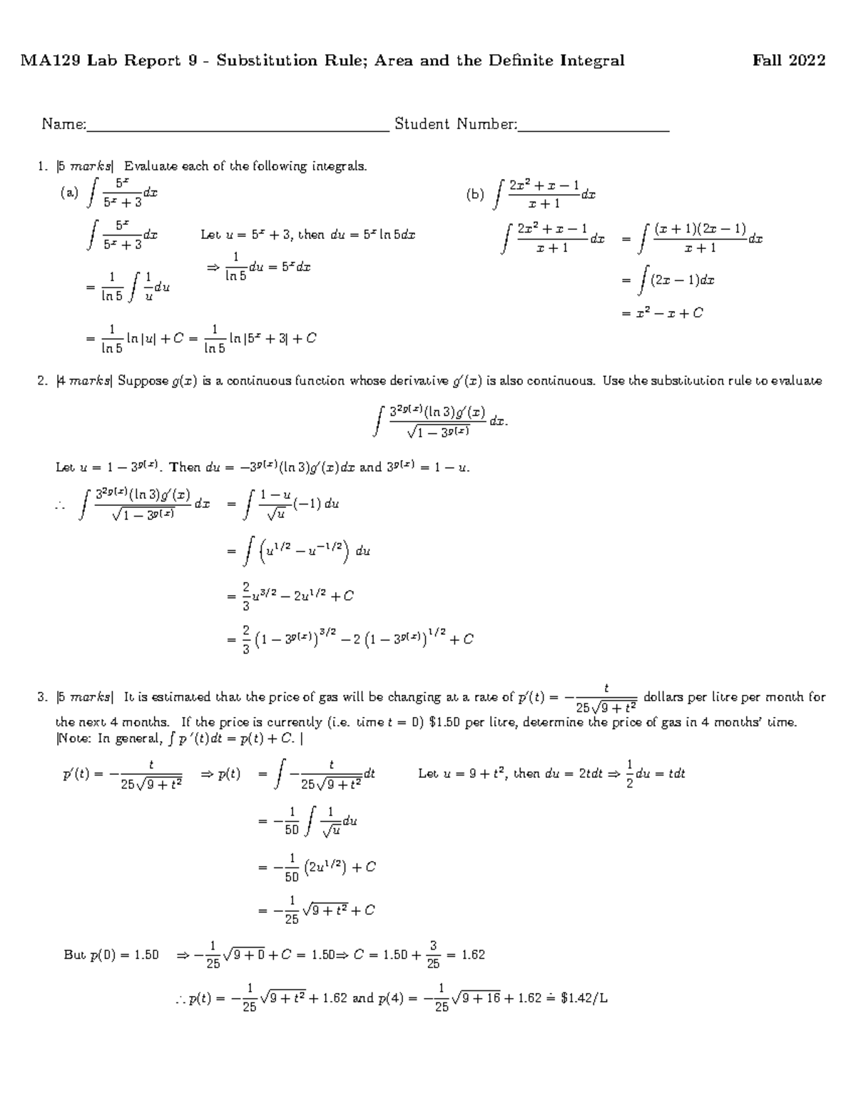 129Lab9 soln - lab answers - MA129 Lab Report 9 - Substitution Rule; Area and the Definite ...
