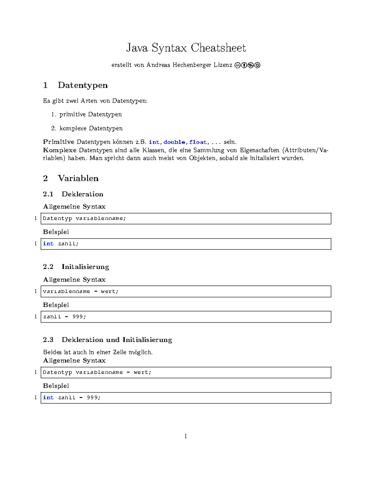 Java Cheat Sheet - Grade: 1,7 - Java Syntax Cheatsheet erstellt von ...