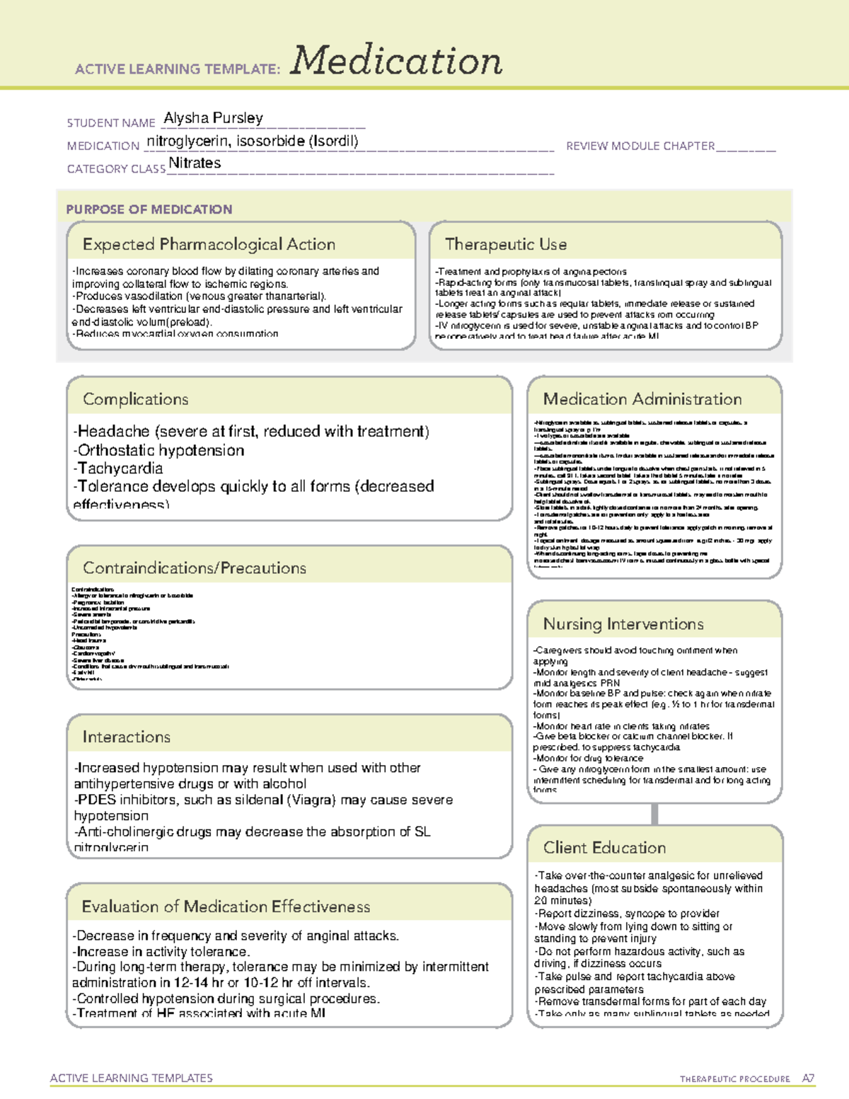 Cardiac Drugs-nitroglycerin, isosorbide (Isordil) - ACTIVE LEARNING ...