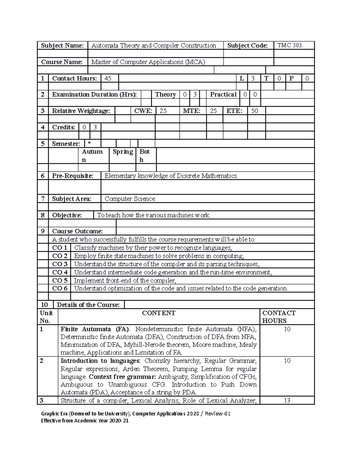 TMC 303 Automata Theory and Compiler Construction - Subject Name ...