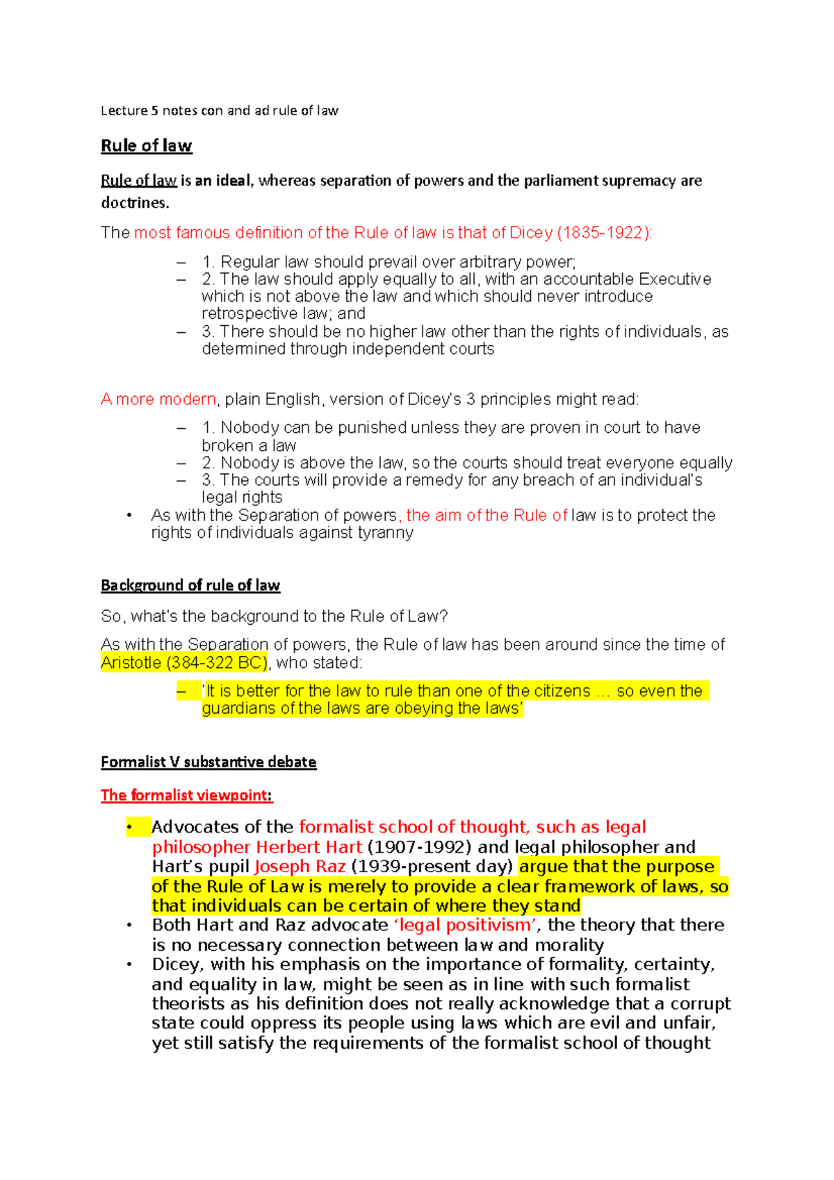 Rule of Law - Rule of Law lecture notes - Lecture 5 notes con and ad ...