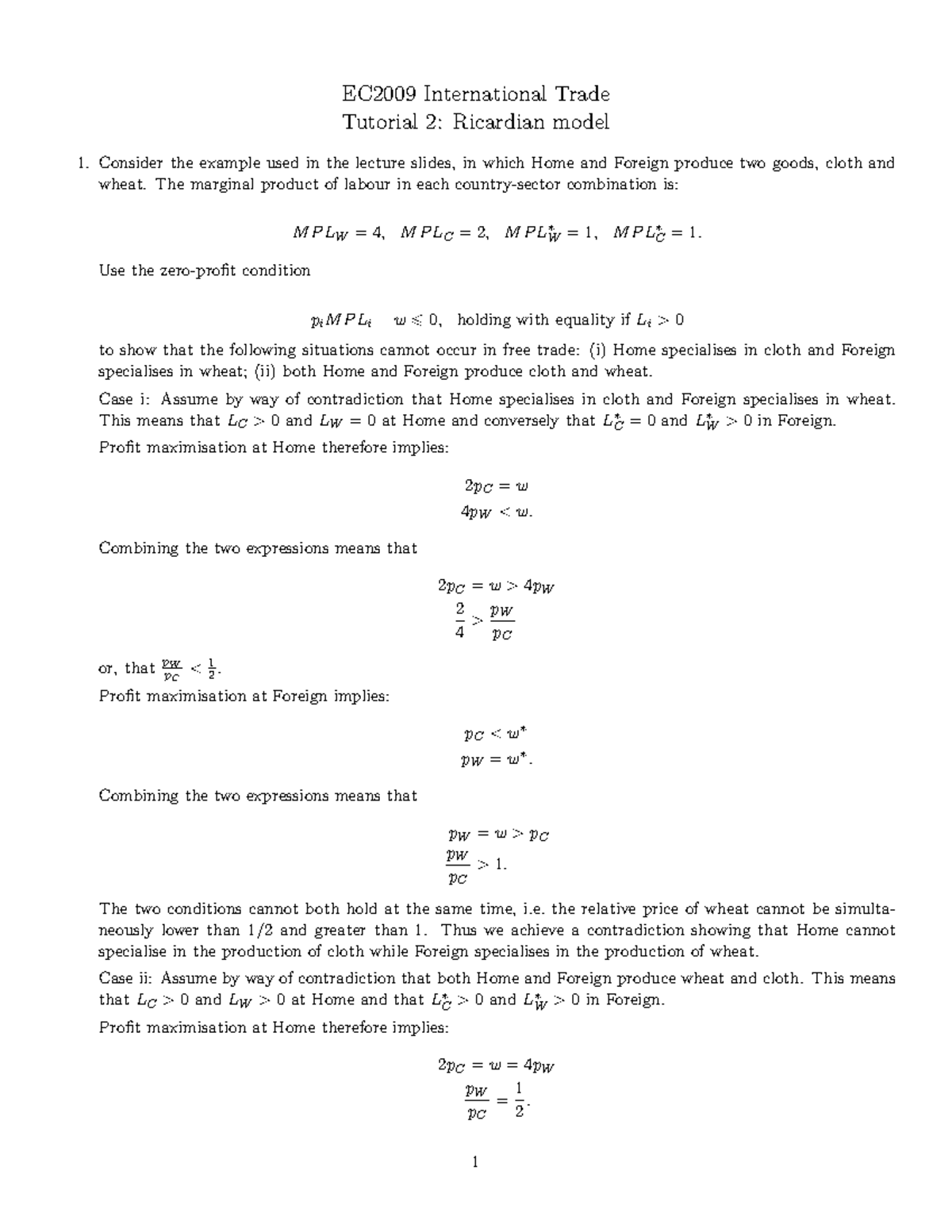 Tutorial 2 EC2009 answerkey - EC2009 International Trade Tutorial 2 ...