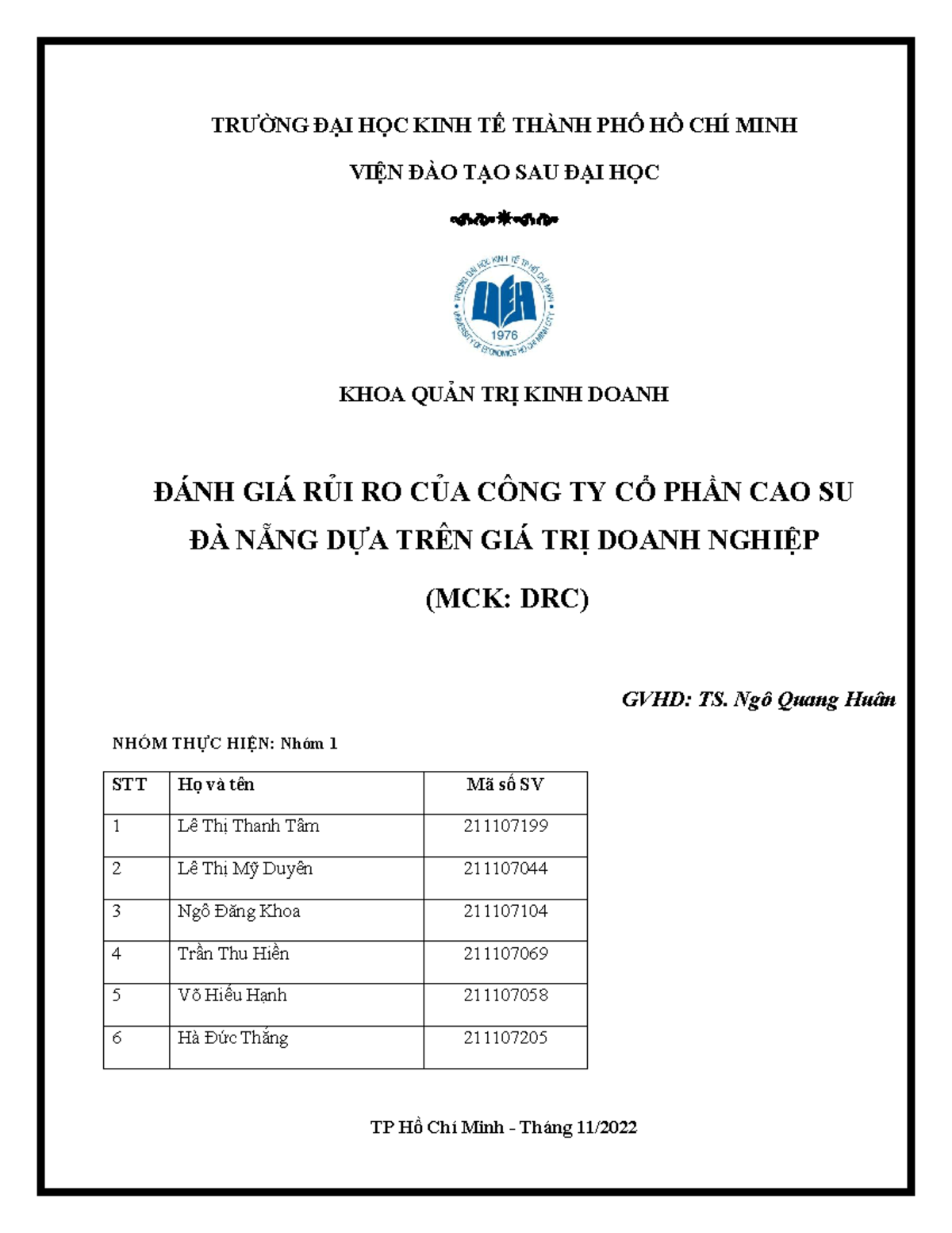 NHOM 1 DRC TIEU LUAN final - TRƯỜNG ĐẠI HỌC KINH TẾ THÀNH PHỐ HỒ CHÍ MINH VIỆN ĐÀO TẠO SAU ĐẠI ...