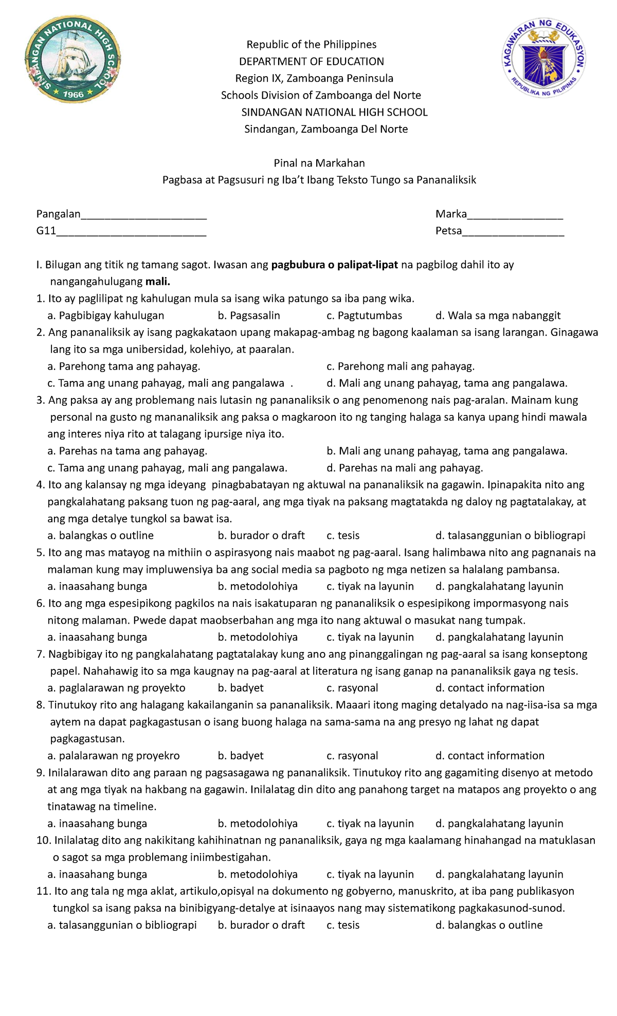 Pagbasa at pagsusuri questionaire finals 1 - Republic of the ...