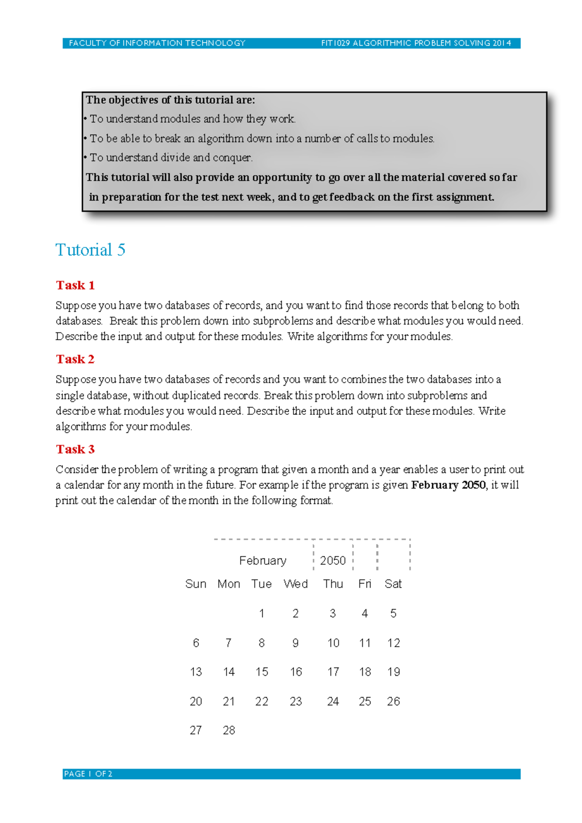 Algorithmic Problem Solving - Tutorial work - Tute05 Sem02 2014 - FACULTY OF INFORMATION ...