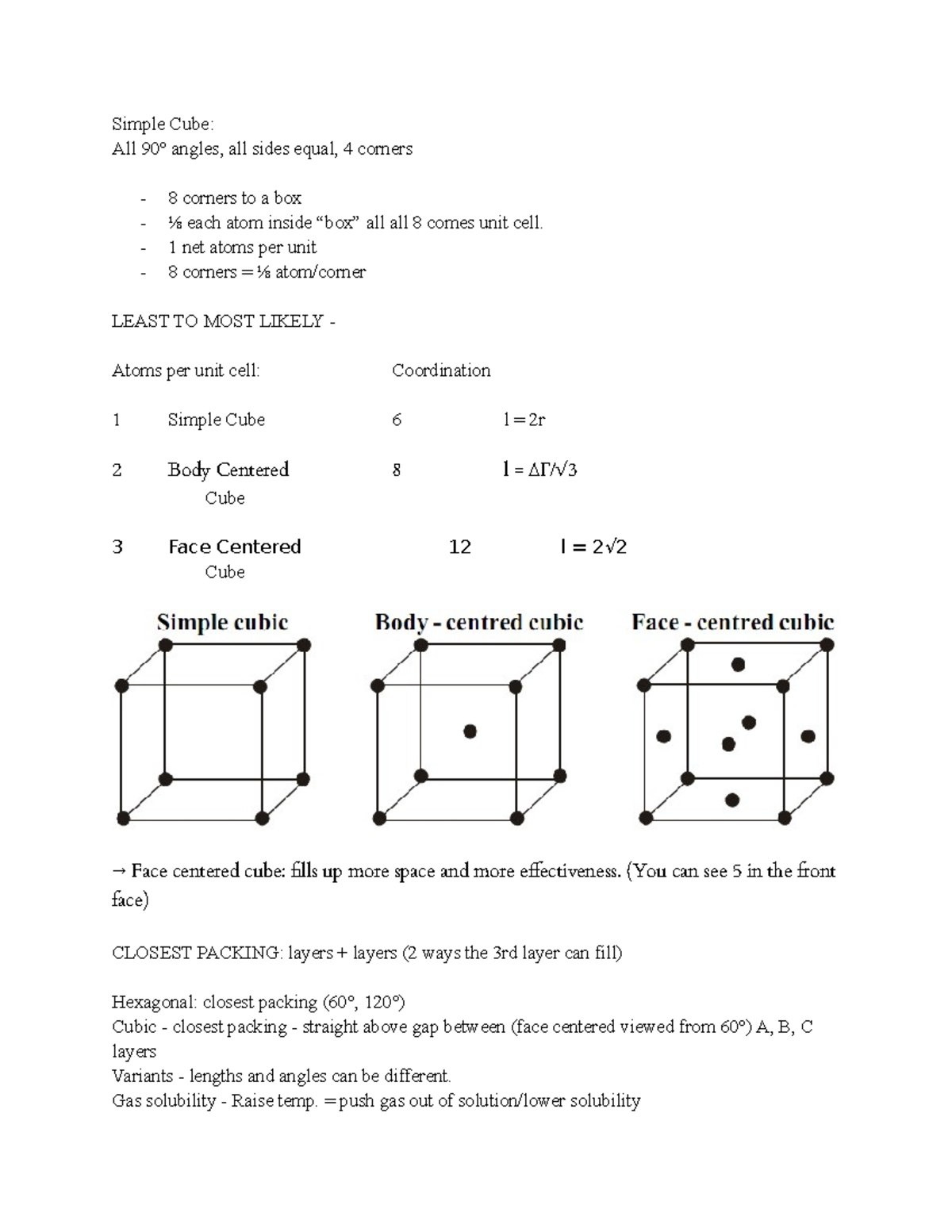 CHEM 124 Notes-2 - Simple Cube: All 90° angles, all sides equal, 4 ...