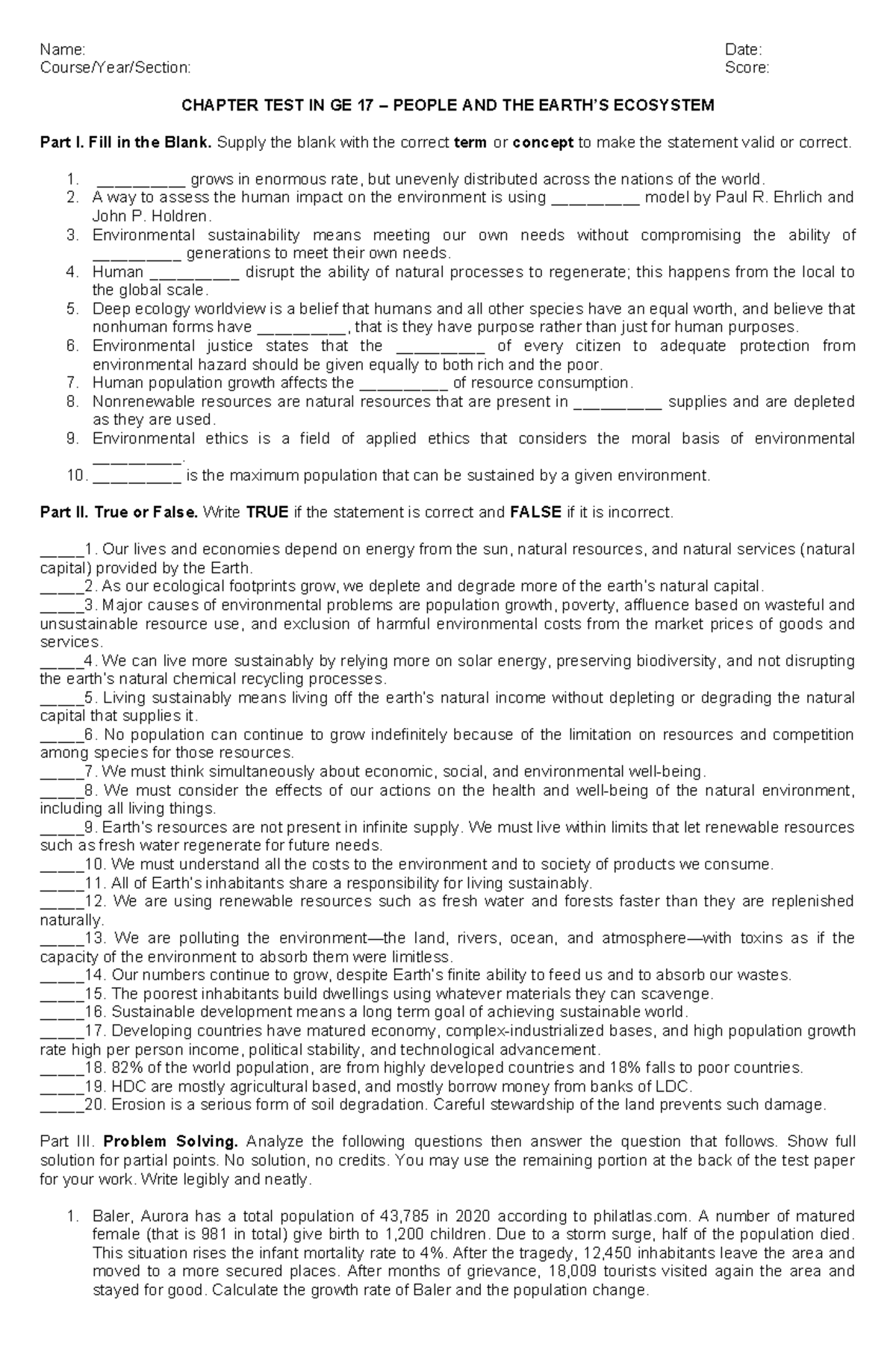 Long Test AY 23-24 - Midterm Chapter Test - Name: Date: Course/Year ...