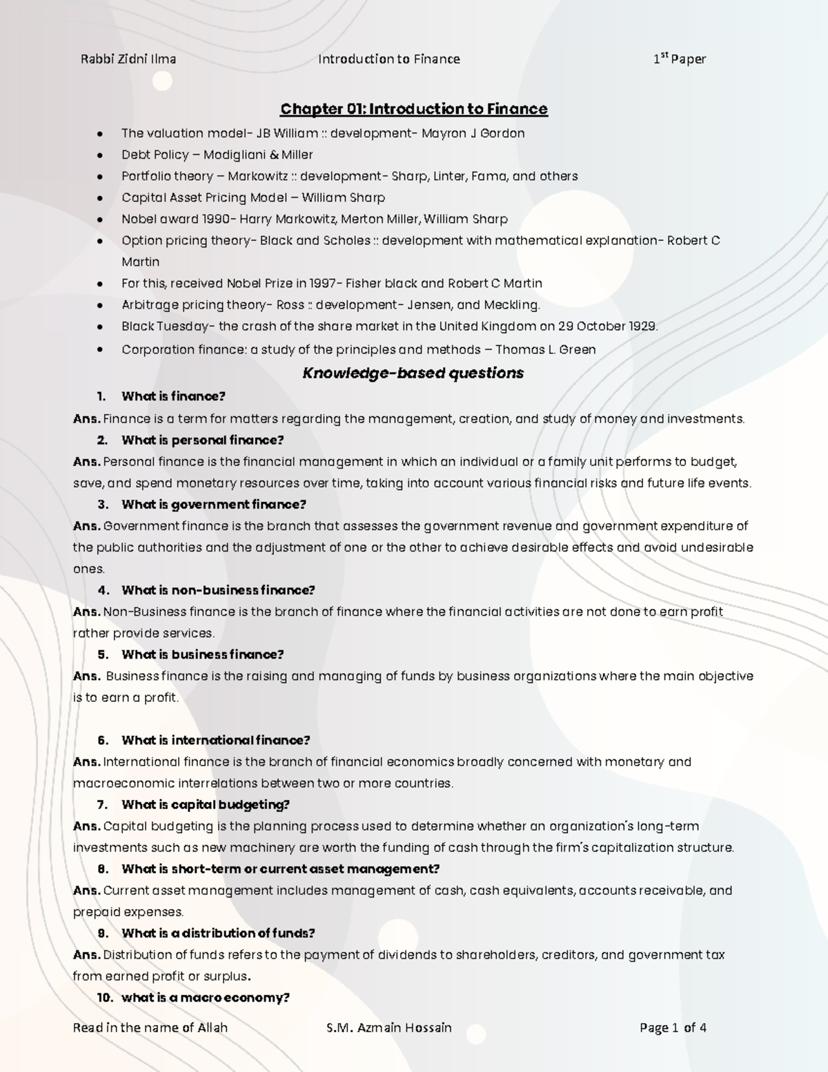 FBI 1st paper chap 01 - Chapter 01: Introduction to Finance The ...