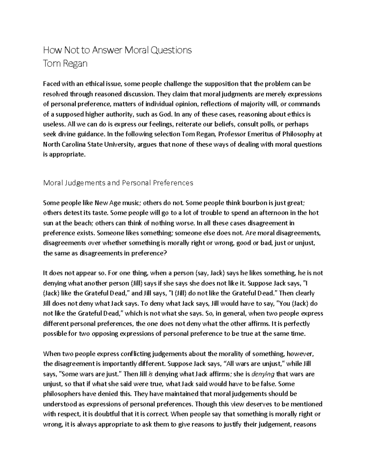 Regan - How Not to Answer Moral Questions - Final - How Not to Answer ...