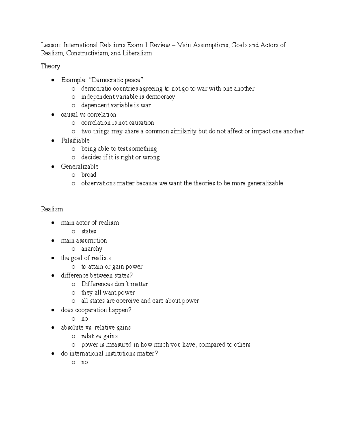 International Relations Exam 1 Review – Main Assumptions, Goals and ...