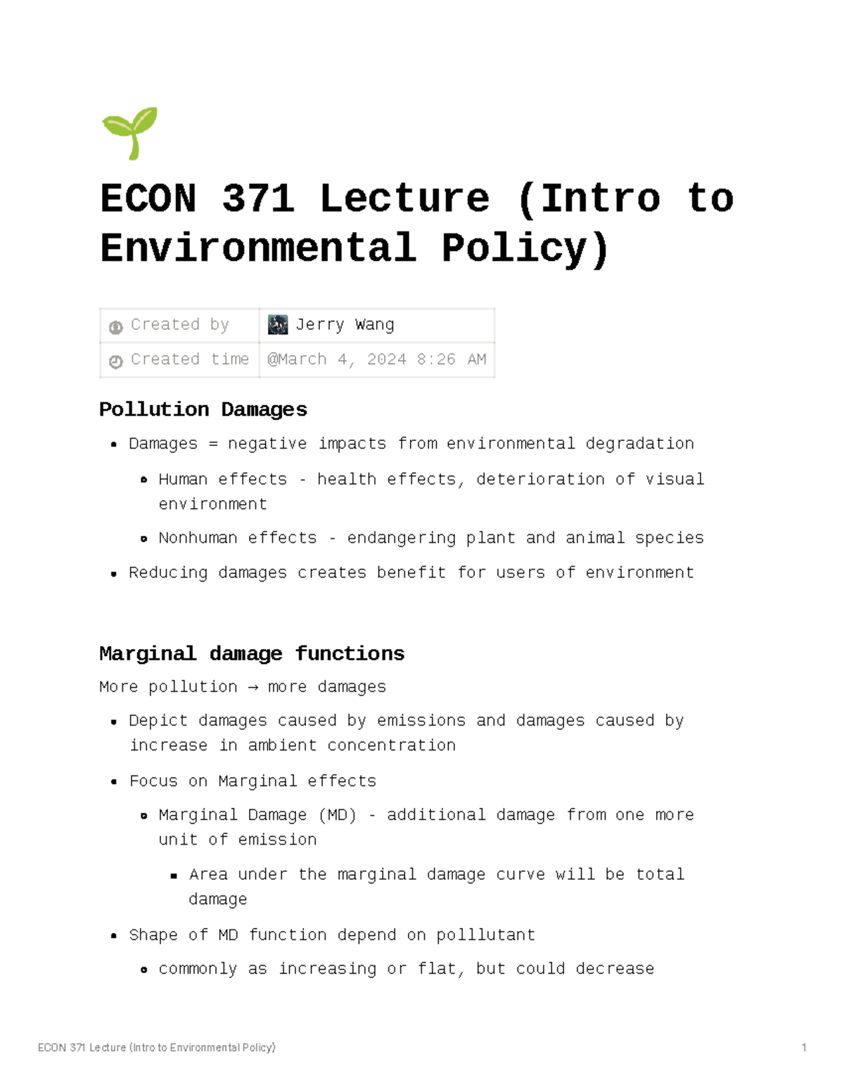 ECON 371 Intro - 🌱 ECON 371 Lecture (Intro to Environmental Policy) Created by Jerry Wang ...