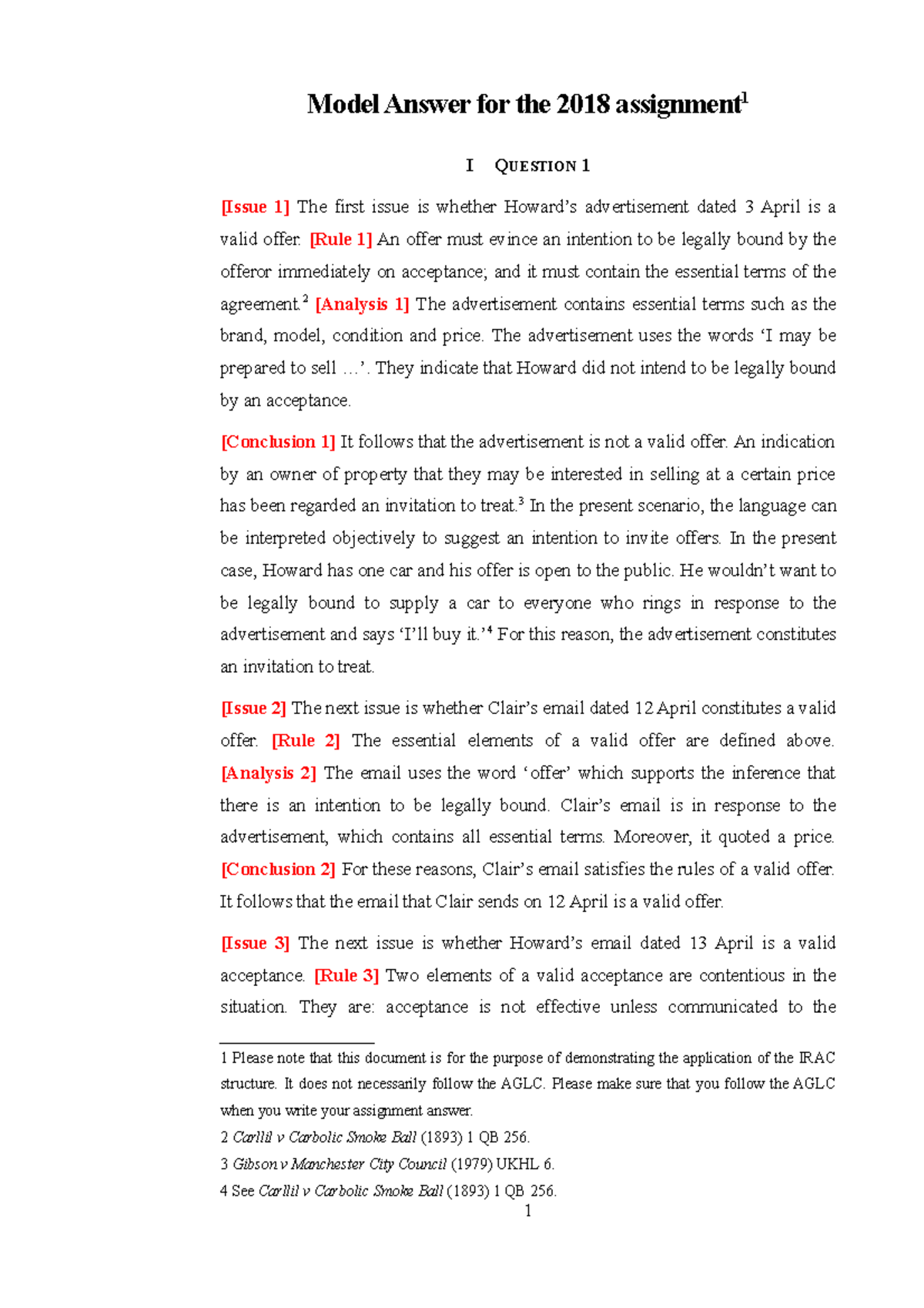 Model answer assignment Contracts 1 2017 IRAC - Model Answer for the ...