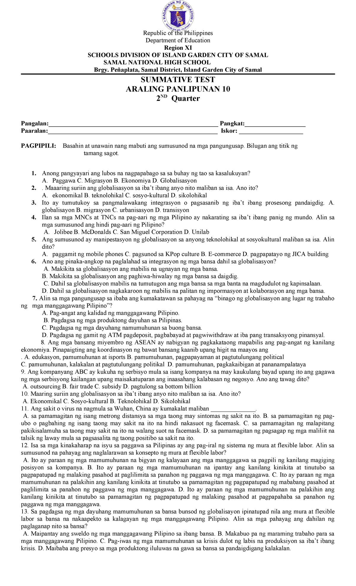 Summative Test AP 10 2nd Quarter - Republic of the Philippines ...