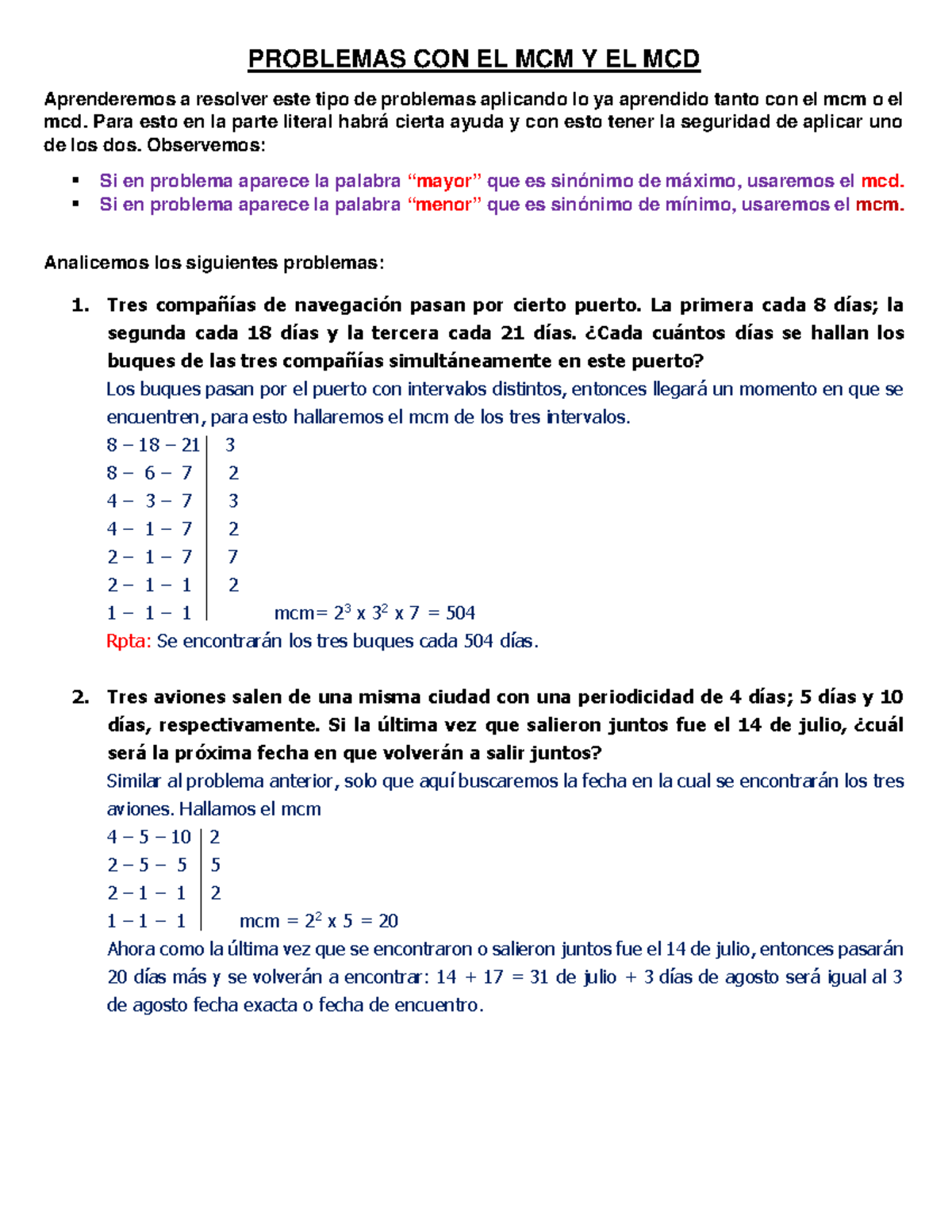 Ejercicios de matematica - PROBLEMAS CON EL MCM Y EL MCD Aprenderemos a resolver este tipo de ...
