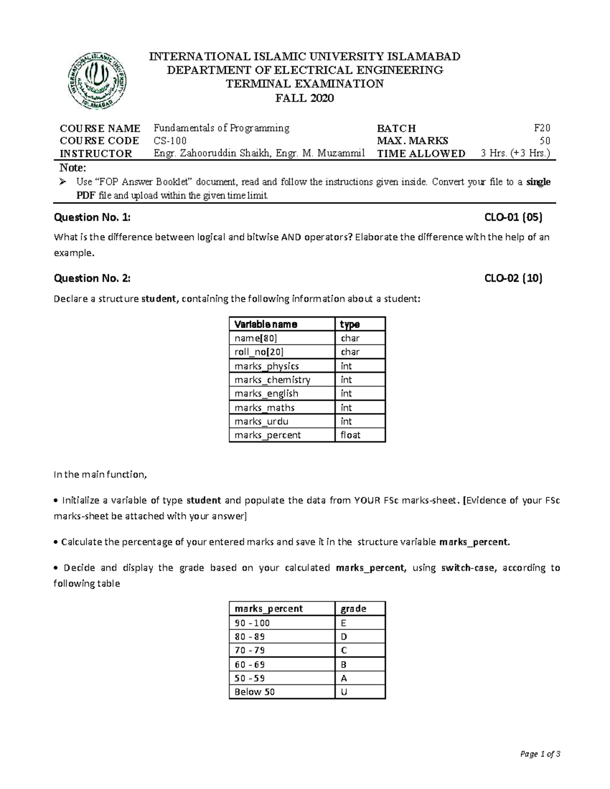Fundamental of Programming Question Paper - Page 1 of 3 INTERNATIONAL ...