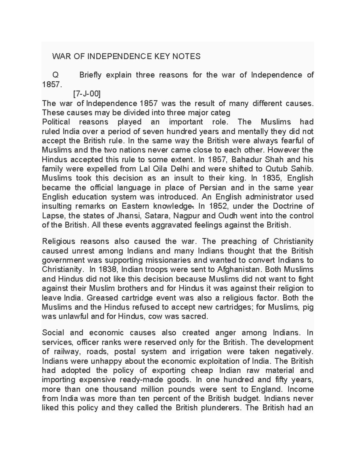 WAR OF Independence KEY Notes - WAR OF INDEPENDENCE KEY NOTES Q Briefly ...