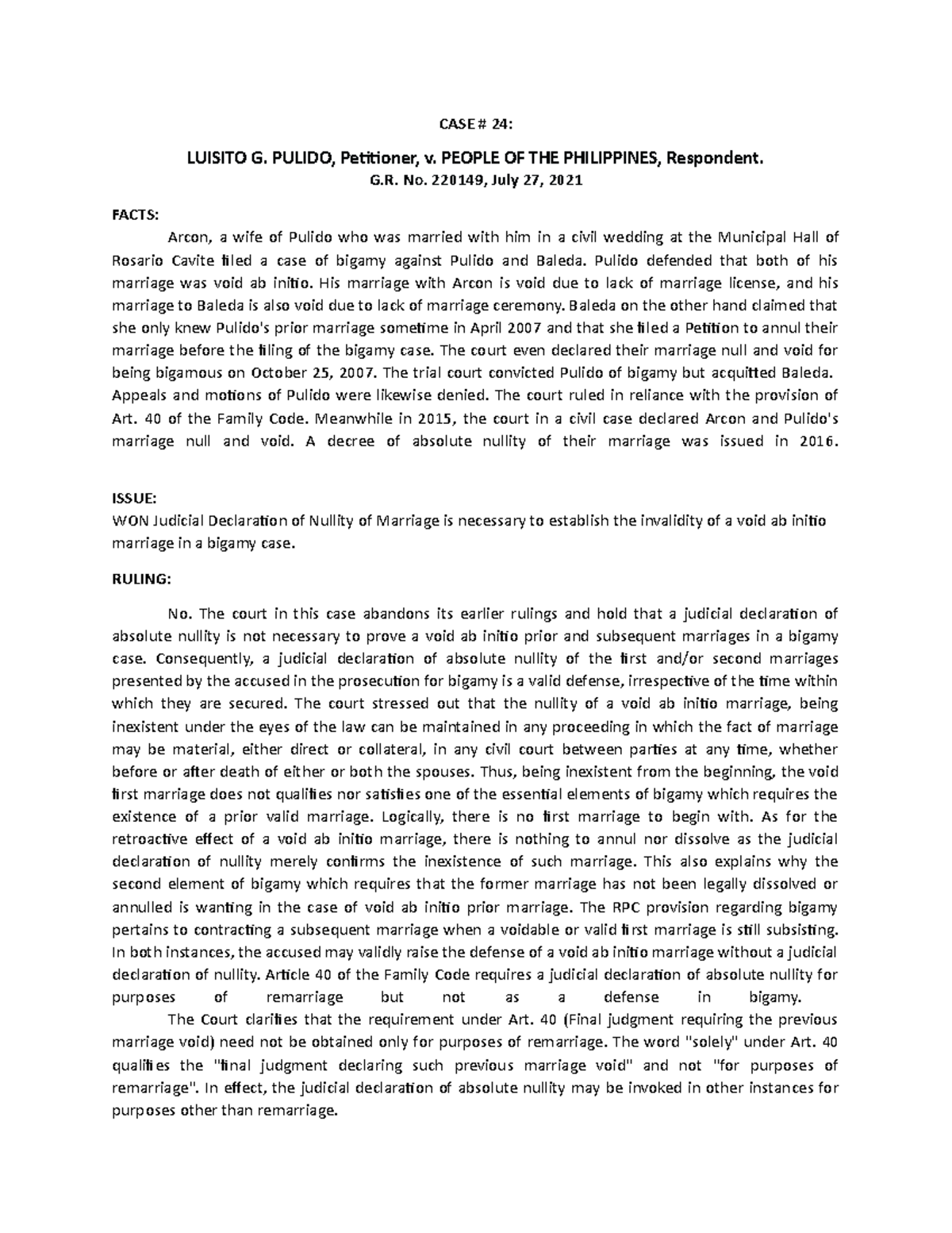 CASE Digest - CASE # 24: LUISITO G. PULIDO, Petitioner, v. PEOPLE OF ...