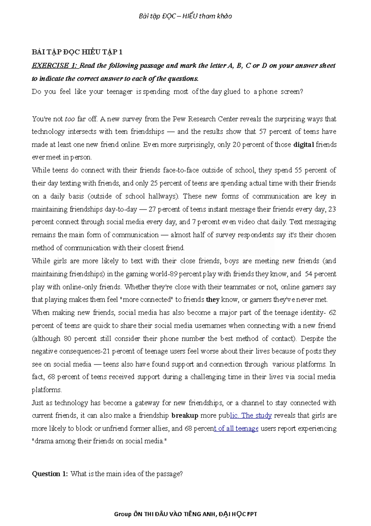 Reading entrance exam - BÀI TẬP ĐỌC HIỂU TẬP 1 EXERCISE 1: Read the following passage and mark ...