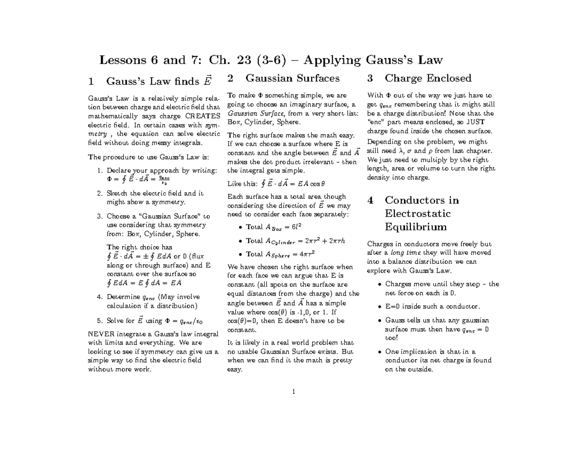 Lesson 06 and 07 Gauss's Law - Lessons 6 and 7: Ch. 23 (3-6) – Applying Gauss’s Law 1 Gauss’s ...