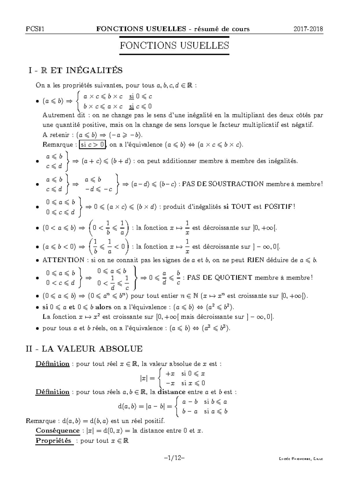Fonctions usuelles cours - FONCTIONS USUELLES I - ℝ ET INÉGALITÉS On a ...