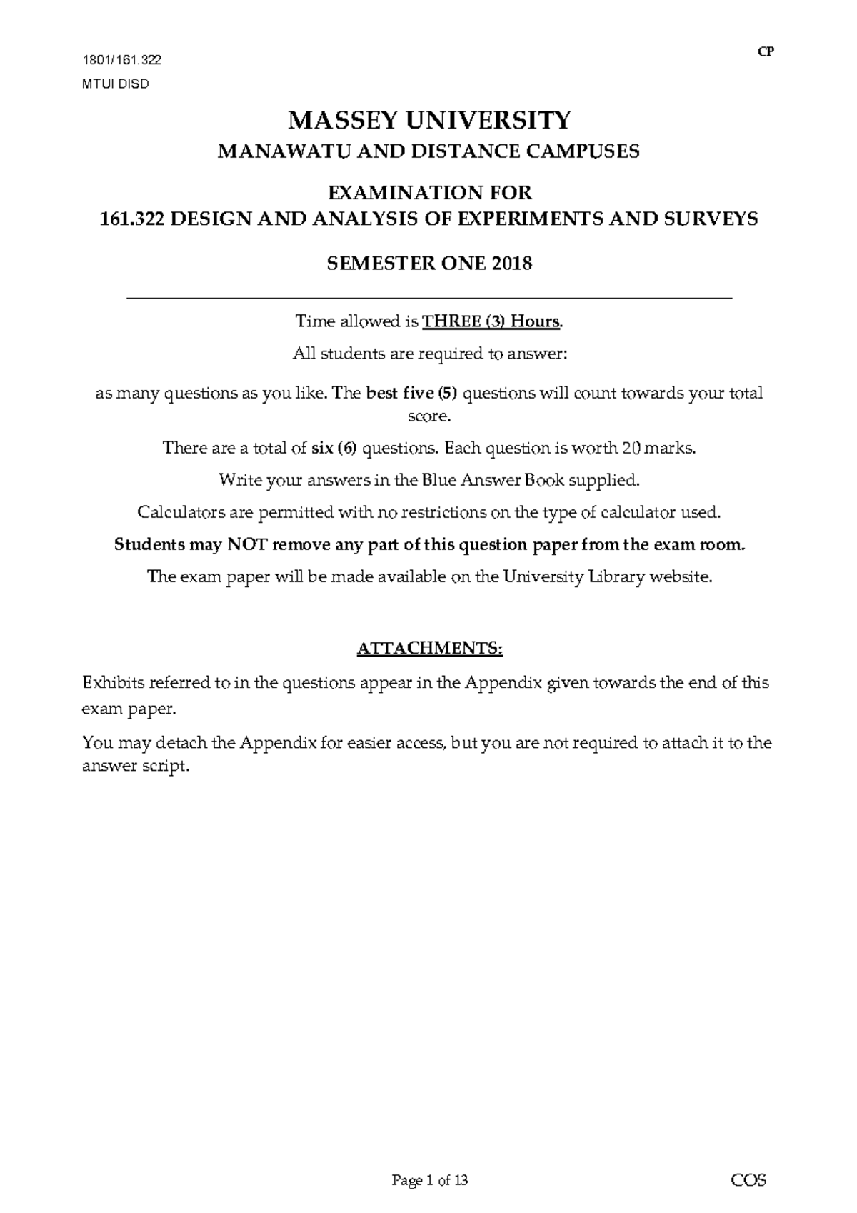 161.322 Final Exam June 2018, questions and answers - Warning: TT: undefined function: 32 ...