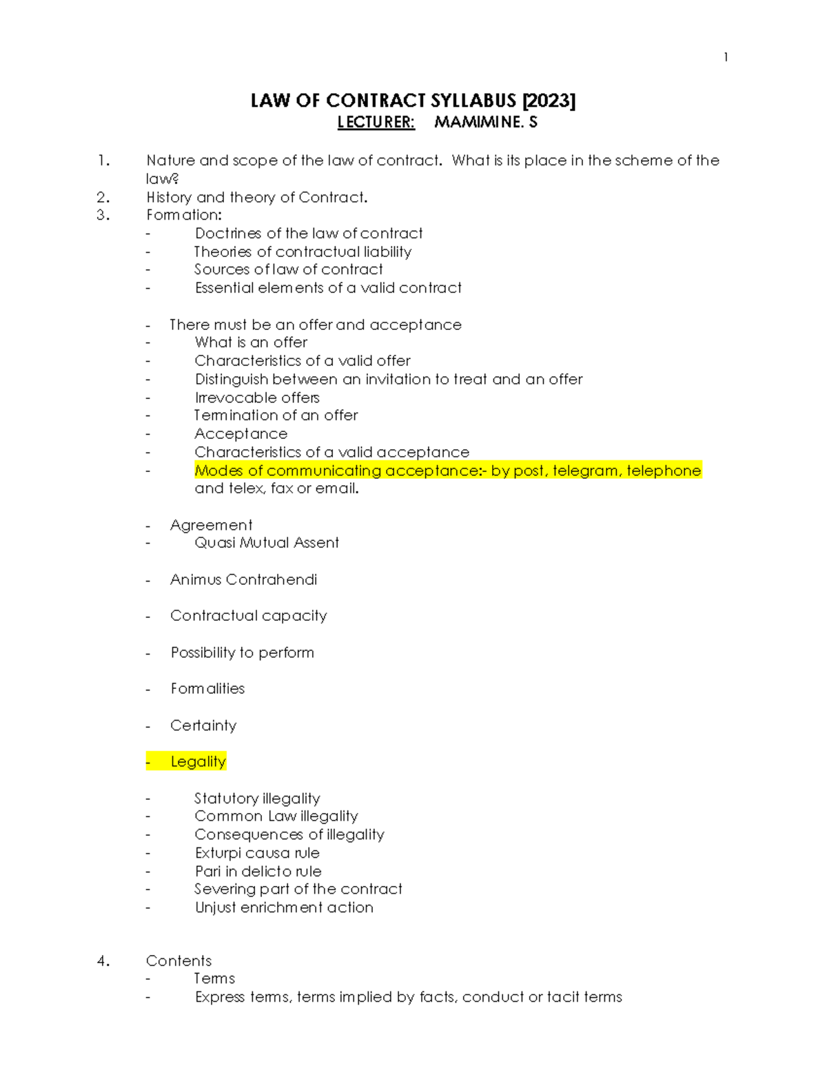 Contract Law Module Outline Copy Law Of Contract Syllabus 2 023