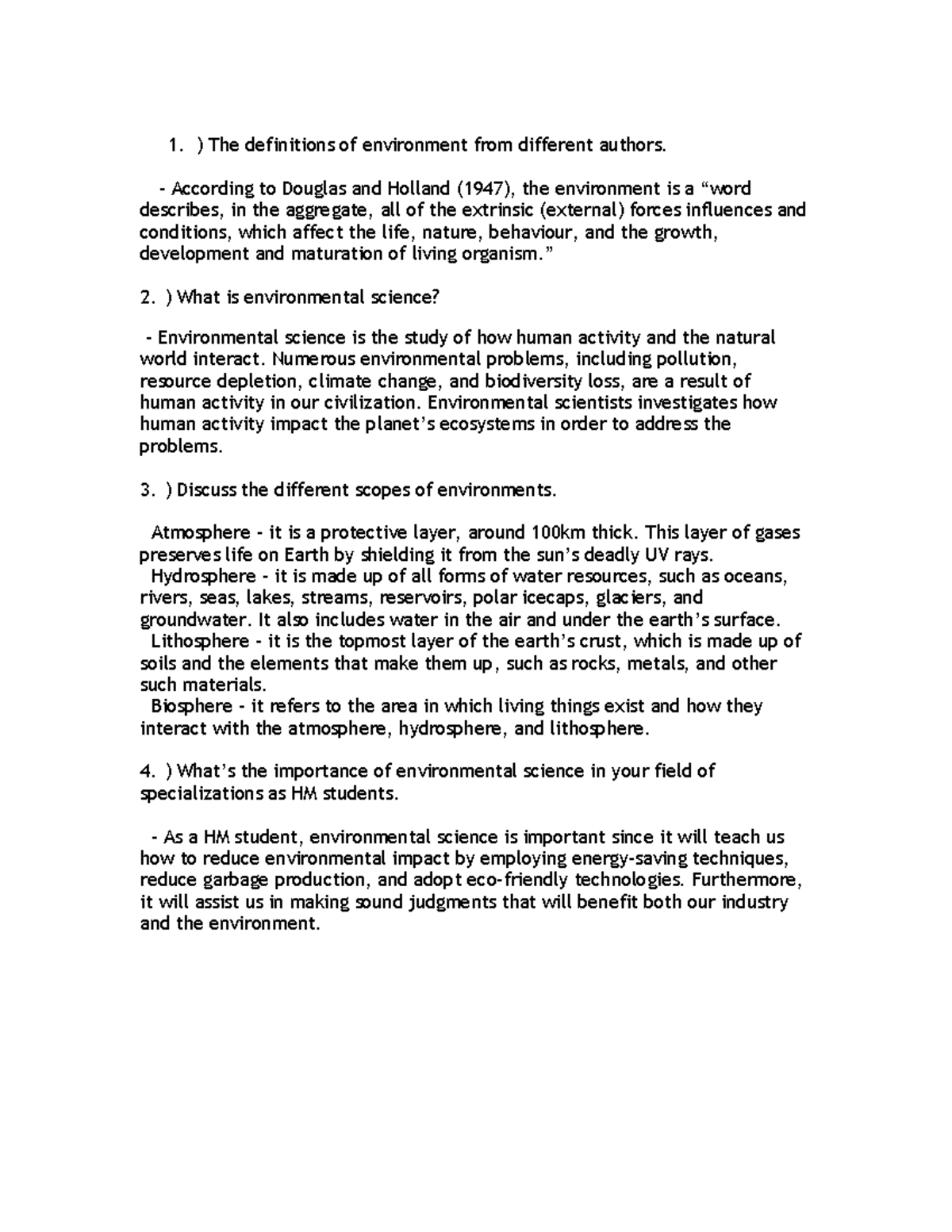 Environmental Science - ) The definitions of environment from different ...