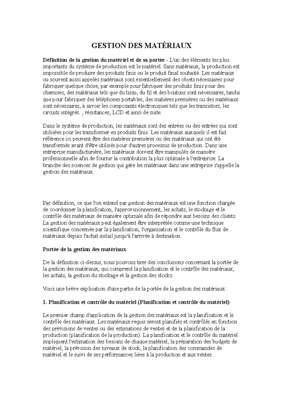 Material Management (1) - GESTION DES MATÉRIAUX Définition de la ...