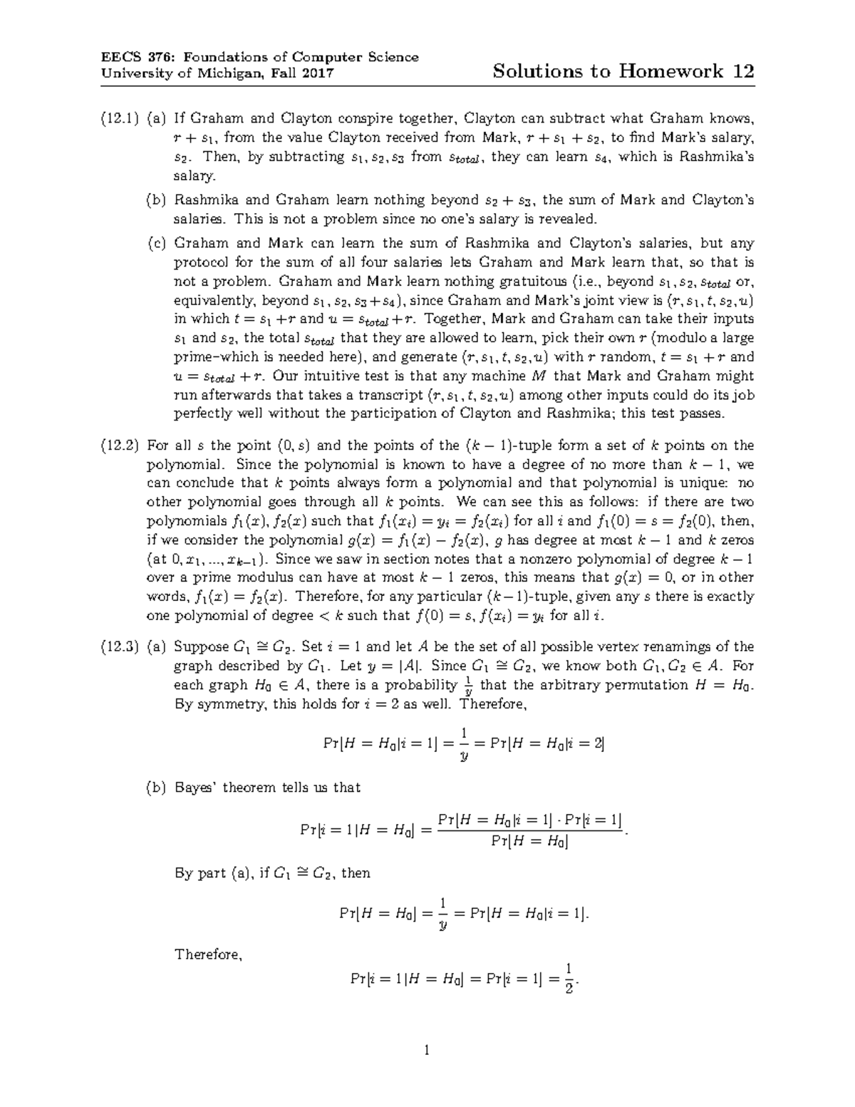 Pdf - hw 12 with sol - EECS 376: Foundations of Computer Science University of Michigan, Fall ...