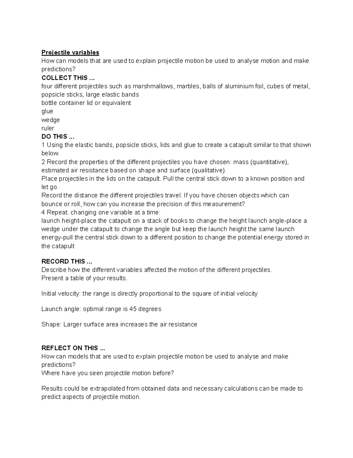 Year 12 Physics - catapult prac - Projectile variables How can models ...