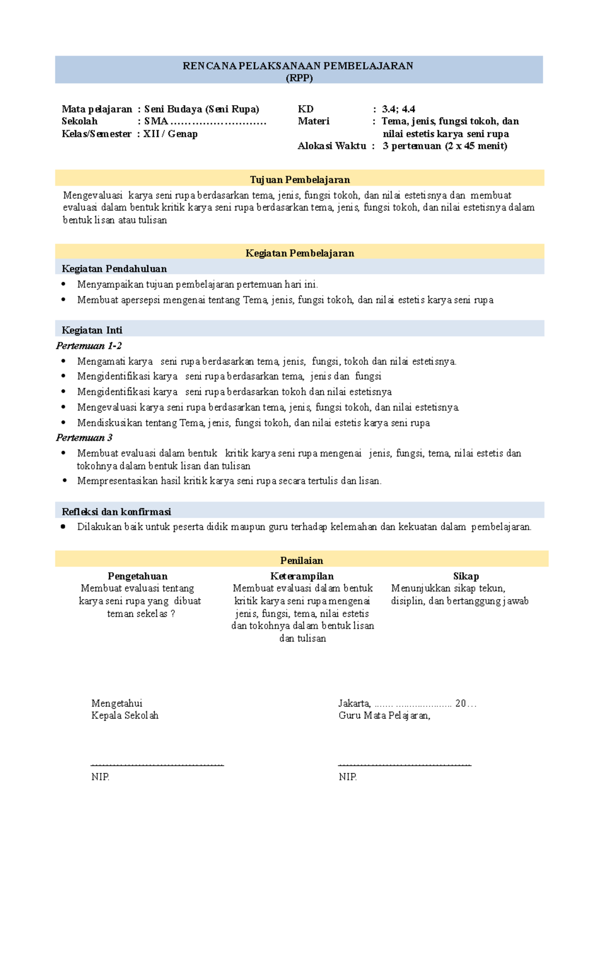 4. RPP Tema, jenis, fungsi tokoh, dan nilai estetis karya seni rupa ...