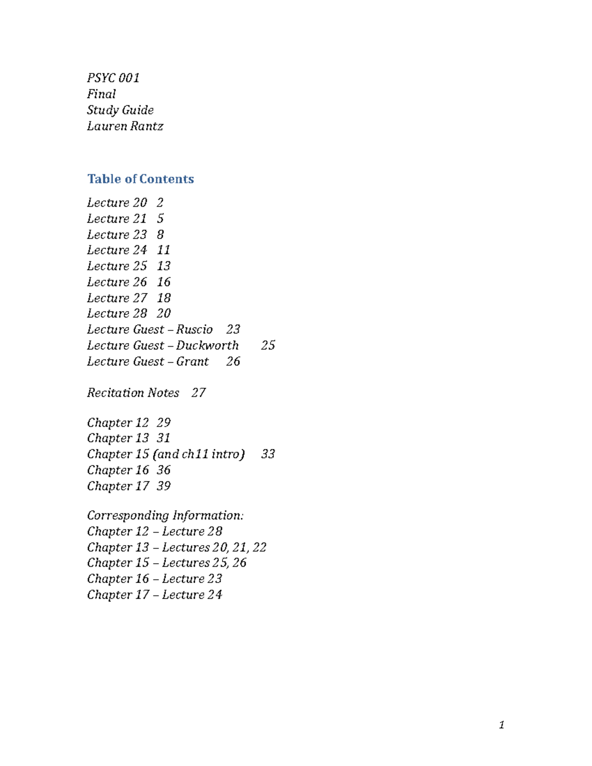 PSYC 001 Final Material - PSYC 001 Final Study Guide Lauren Rantz Table ...