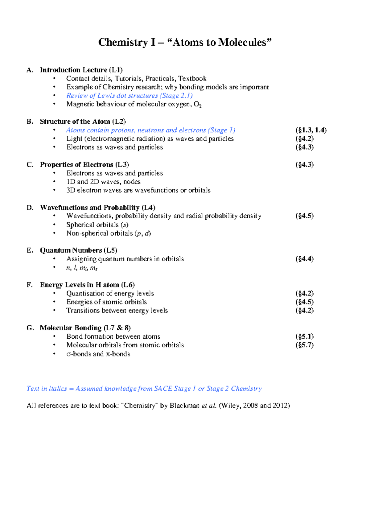 ATM syllabus - idk - Chemistry I – “Atoms to Molecules” A. Introduction ...