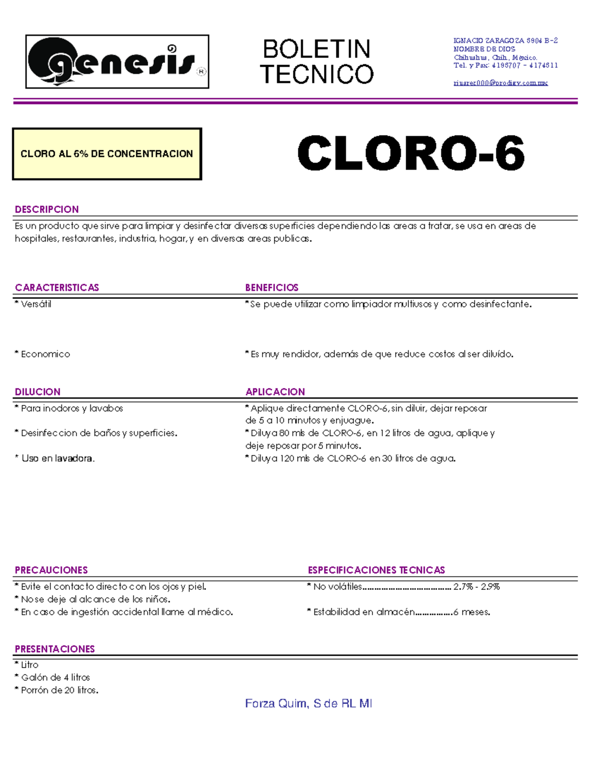 Cloro 6 HOJA Tecnica - IGNACIO ZARAGOZA 3904 B- NOMBRE DE DIOS ...