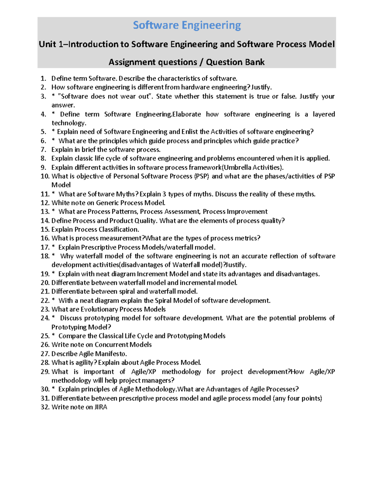 Software Engineering-Unit 1 Assignment questions - Software Engineering Unit 1–Introduction to ...