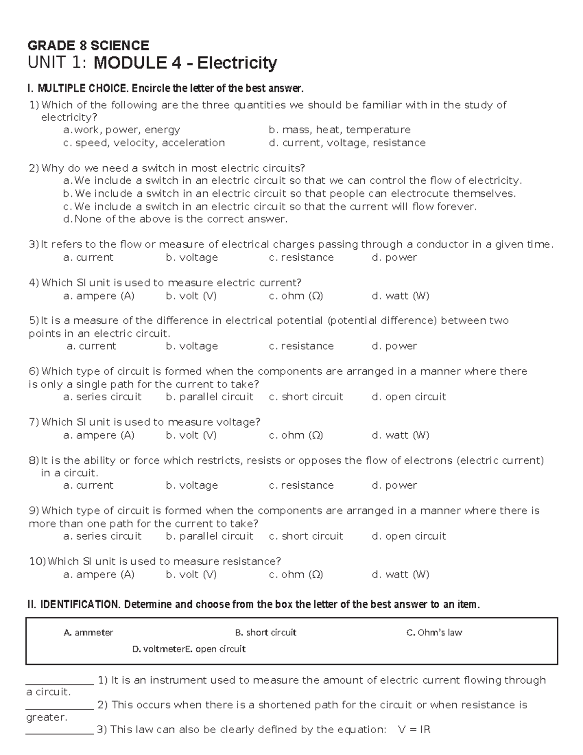 Ilide - nothing - GRADE 8 SCIENCE UNIT 1: MODULE 4 - Electricity I ...