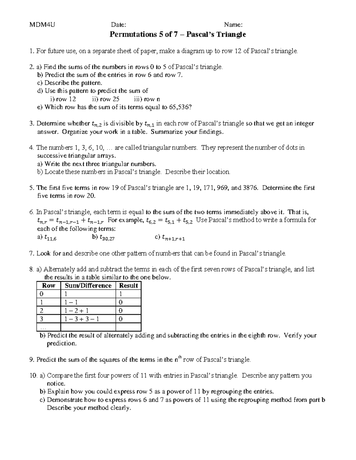 05e Pascal s Triangle handout - MDM4U Date: Name: Permutations 5 of 7 ...