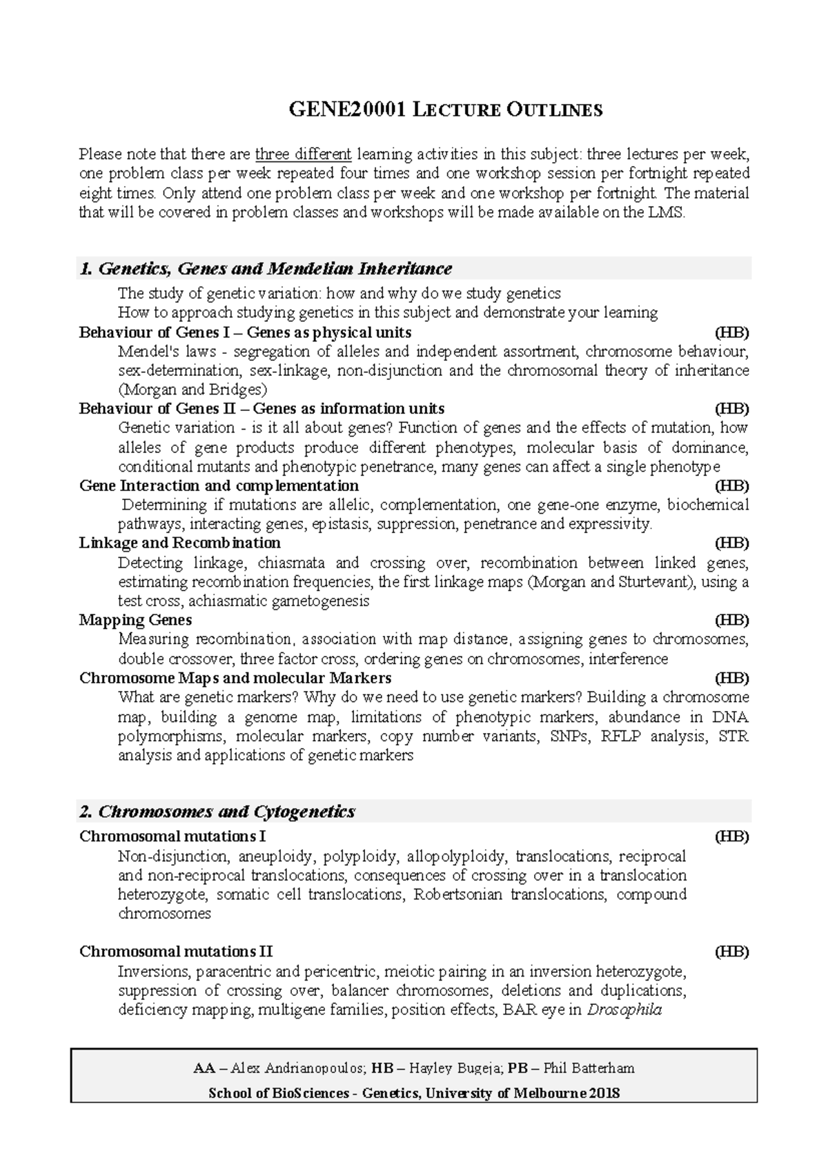 Lecture Outlines 2018 v3 - AA – Alex Andrianopoulos; HB – Hayley Bugeja ...