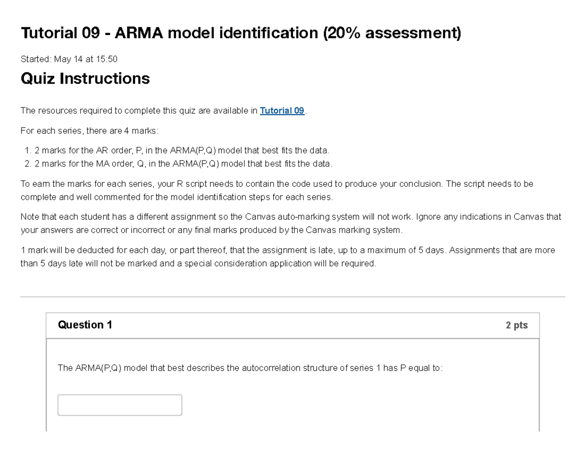 Quiz Tutorial 09 - ARMA model identification (20% assessment ...