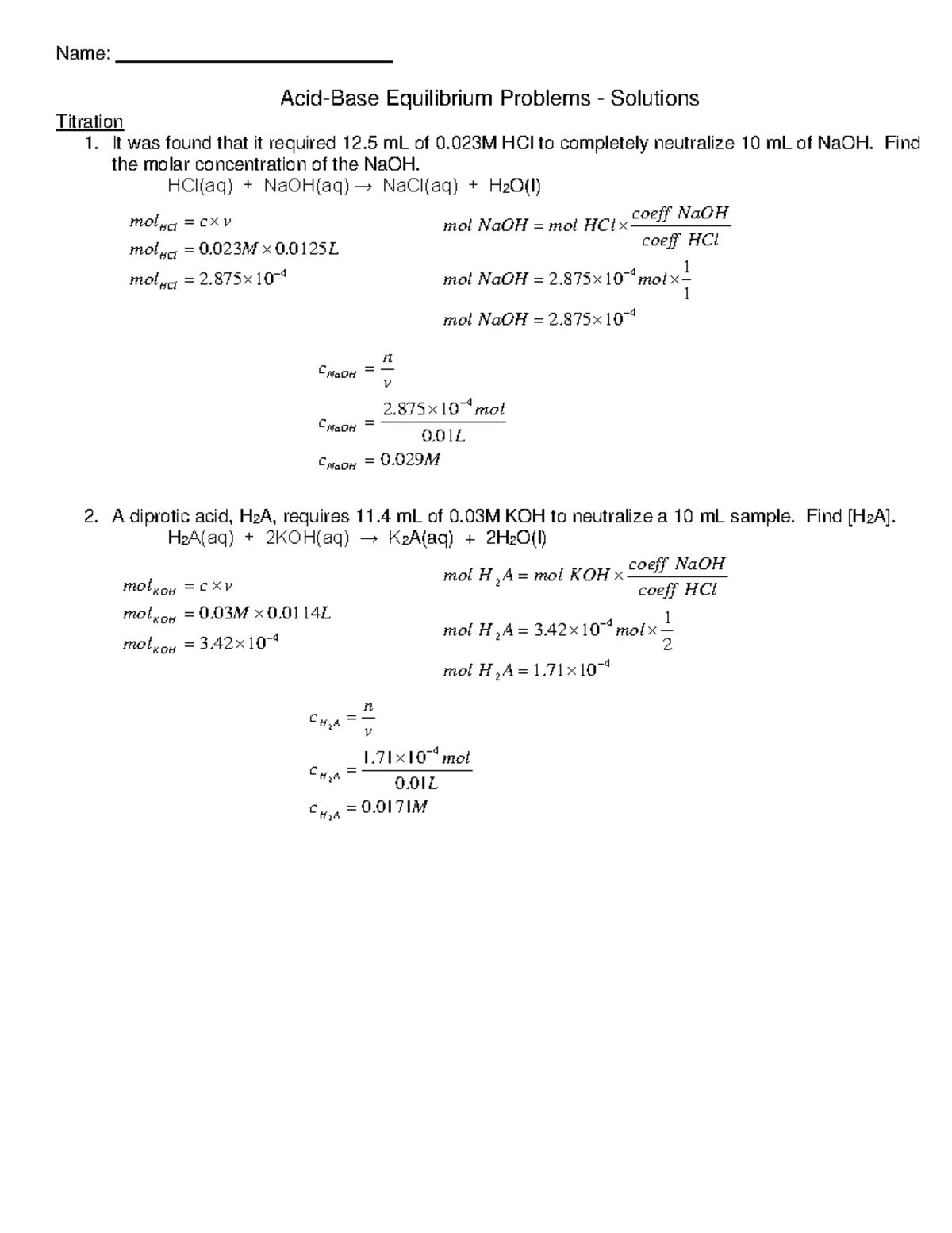 Acid-Base Equilibrium Problems - Solutions - Name: Acid-Base ...